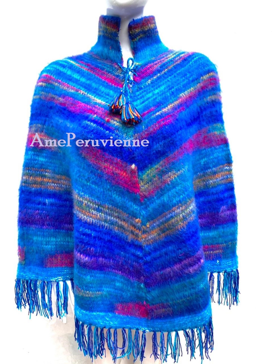 Blue Colorful Alpaca Poncho, Womens Poncho, Peruvian Poncho, Alpaca ...