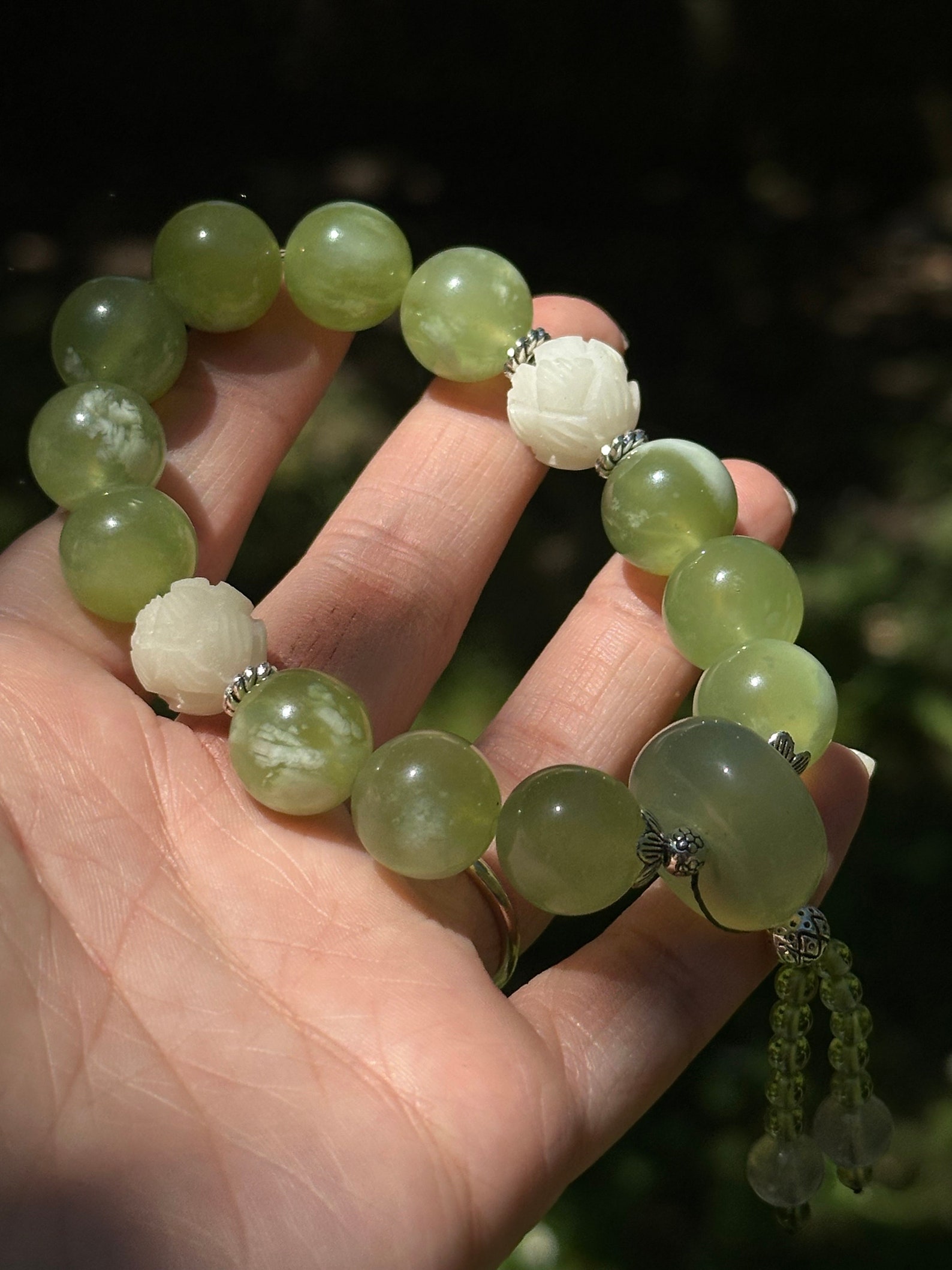Lotus Serenity: Serpentine Jade With Bodhi Seed and Peridot Bracelet - Etsy