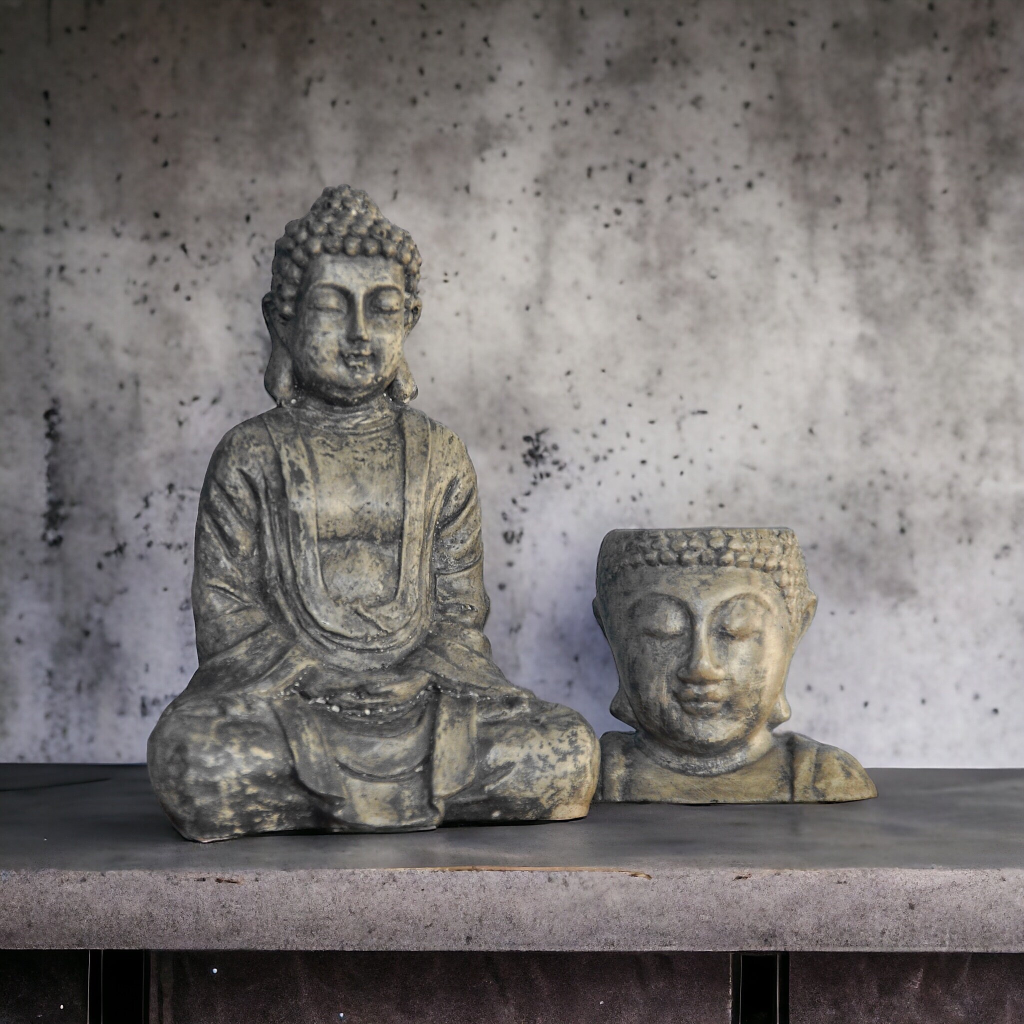 Concrete Siddhartha Gautama Buddha Statue and Candle Holder Set ...
