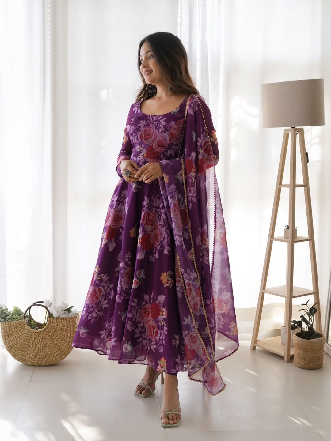 Purple Base Flower Printed Anarkali Dress for Summer Wear ,summer ...
