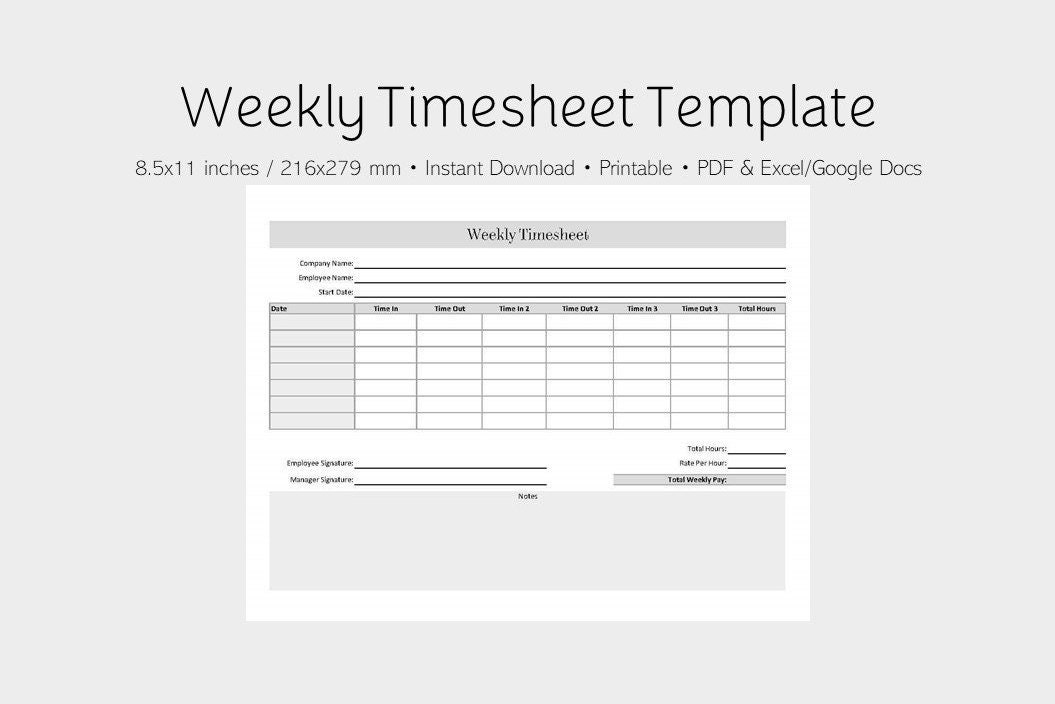 Weekly Timesheet Template Instant Download Pdf/google Sheets/excel ...