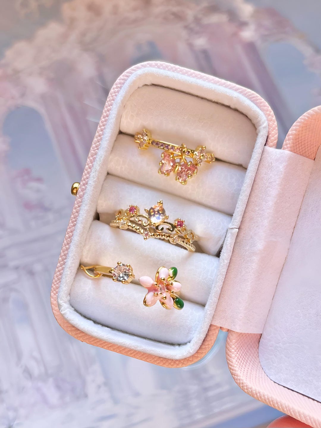 Gold Princess Ring: Fairycore Crown, Flower & Pink Crystal - Etsy