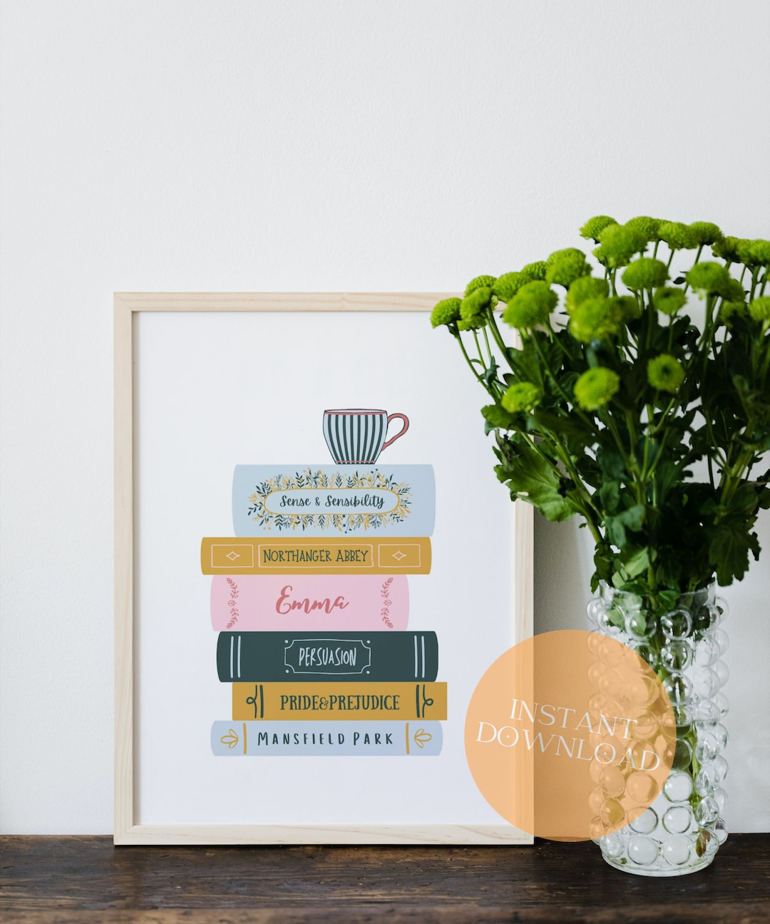 Printable Jane Austen Print, Jane Austen Wall Art, Book Stack Printable ...