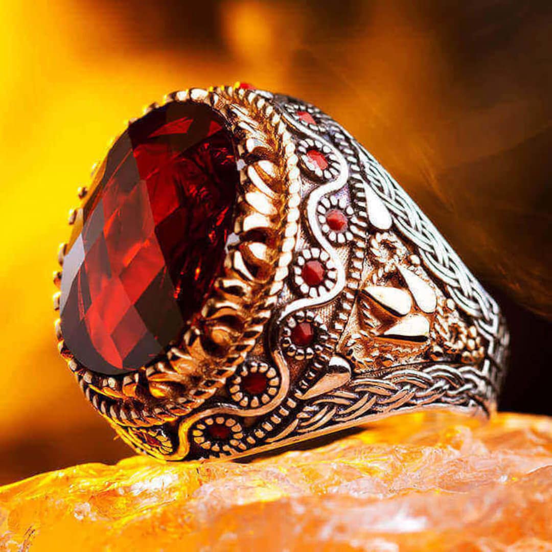 925 Sterling Silver Men Red Zircon Gemstone Ring Ornamented - Etsy