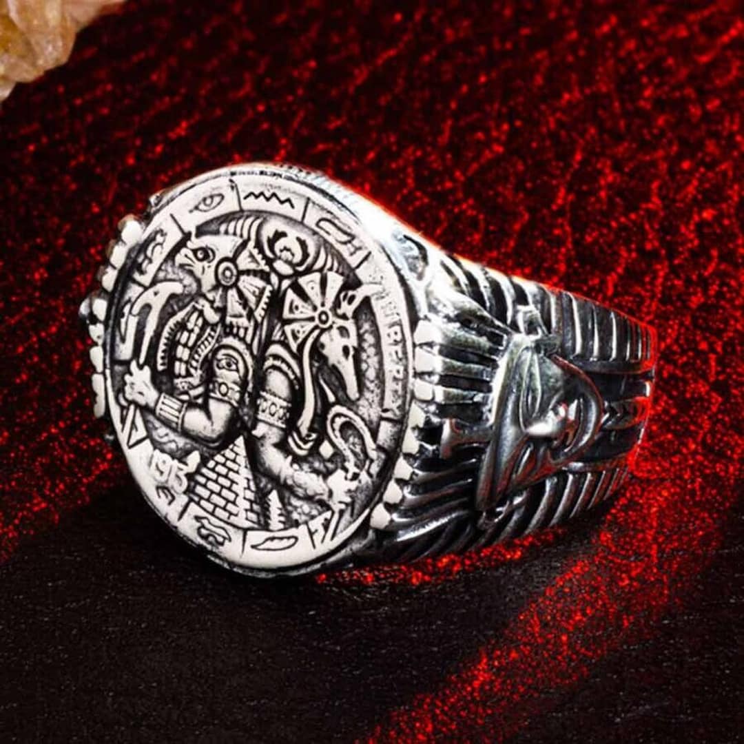 Egyptian God Horus & Anubis Ring, 925 Silver Mythology Vintage Antique ...