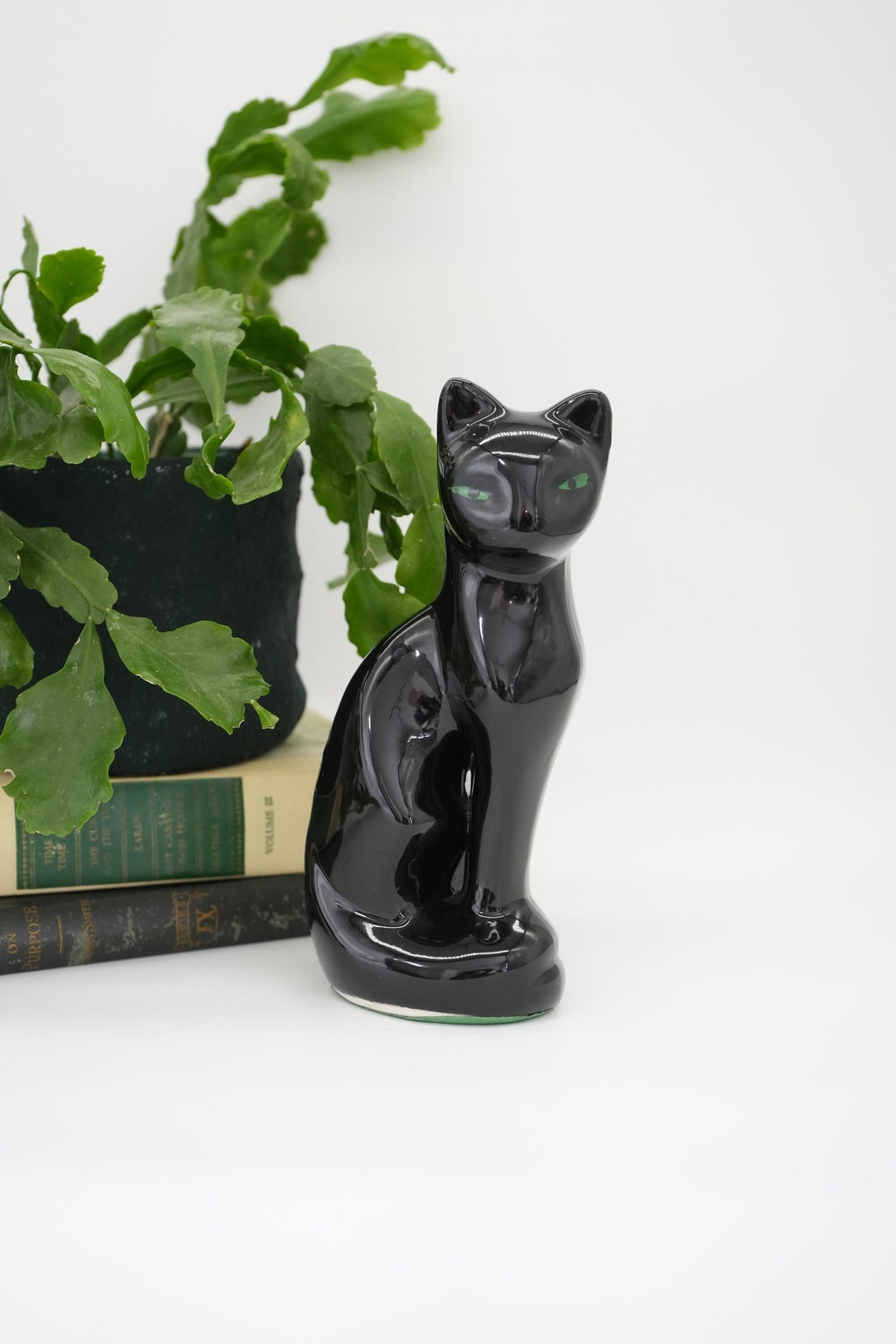 Vintage Art Deco Style Ceramic Black Cat Statue Green Eyes - Etsy