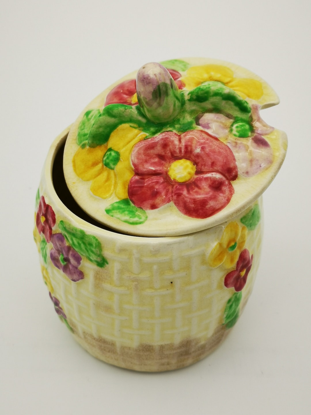 Vintage Majolica Wade Heath Floral Basket Weave Honey/jam Jar Made in ...