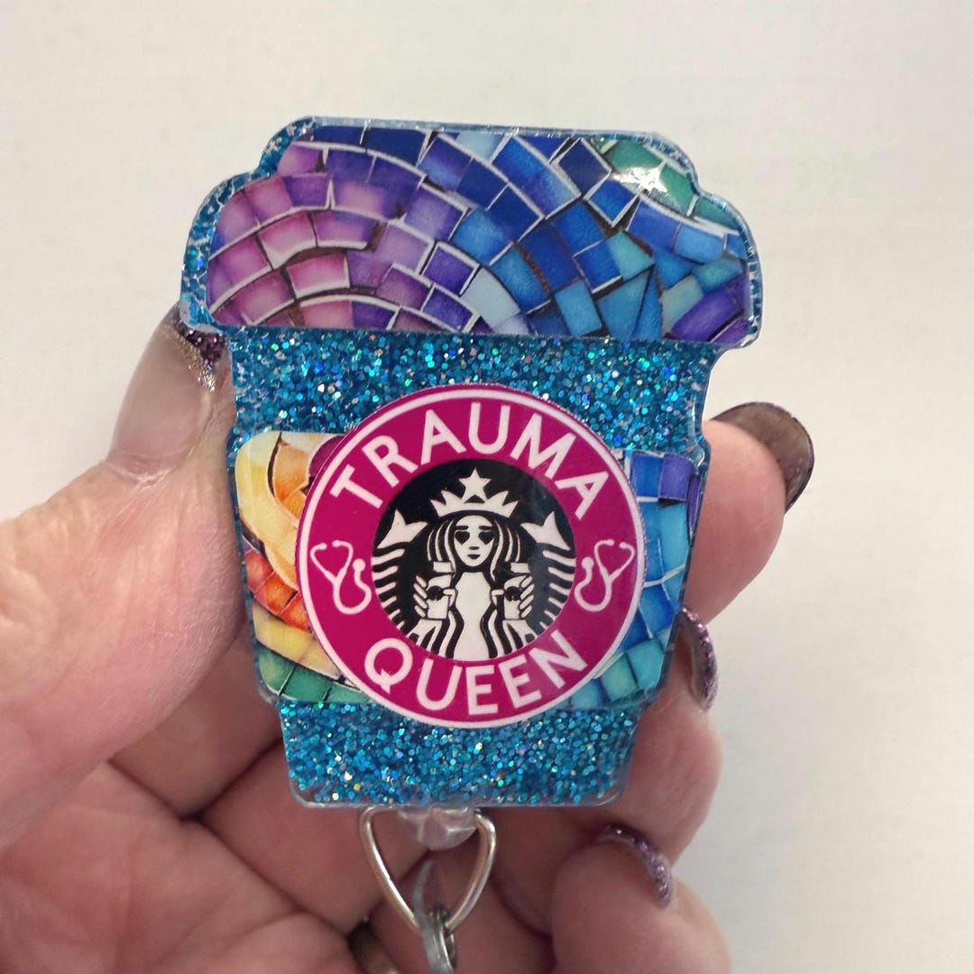 Trauma Queen Badge Reel: Teal Glitter Coffee Design - Etsy