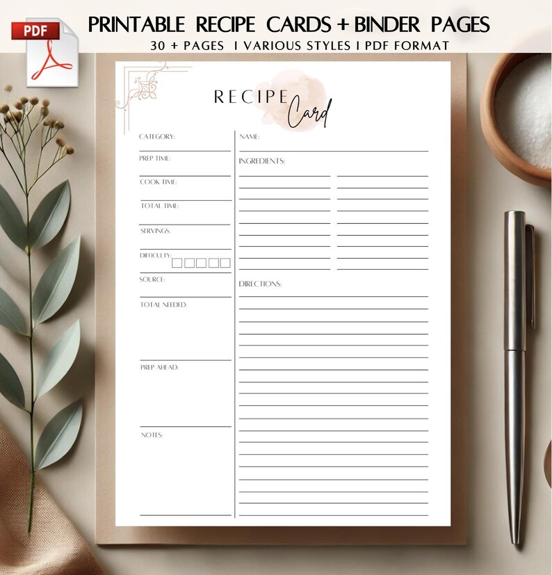 Printable Recipe Cards & Binder Pages: Kitchen Organization (PDF) - Etsy