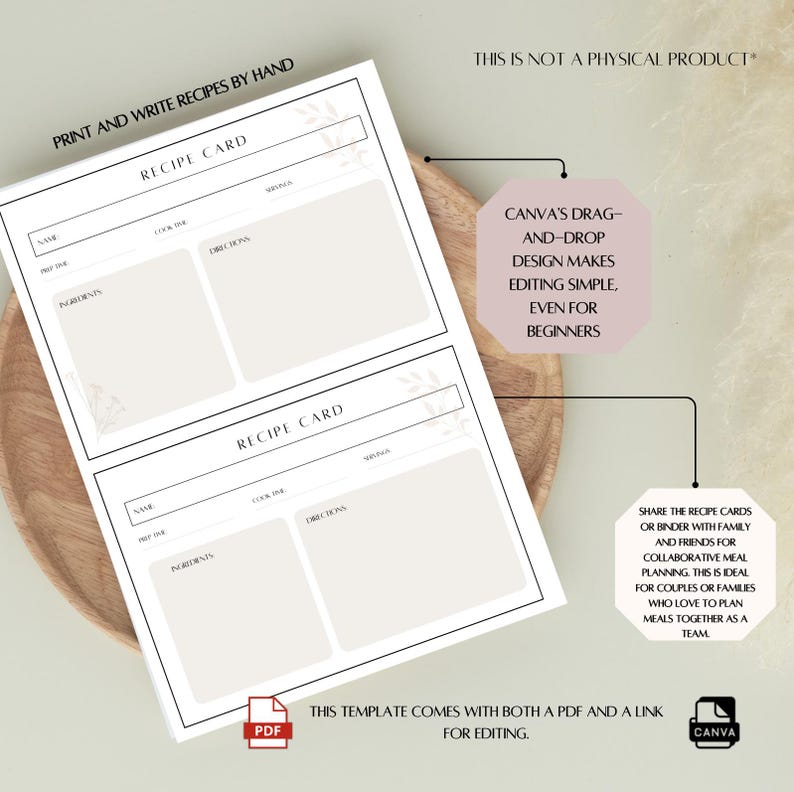 Printable Recipe Card Template: Cookbook Journal Pages (instant ...