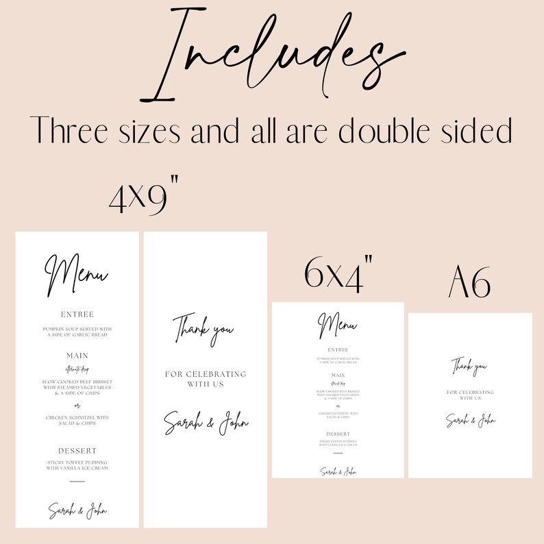 Editable Table Menu Canva Template, Monochrome Wedding Menu Printable, Editable INSTANT Download ...