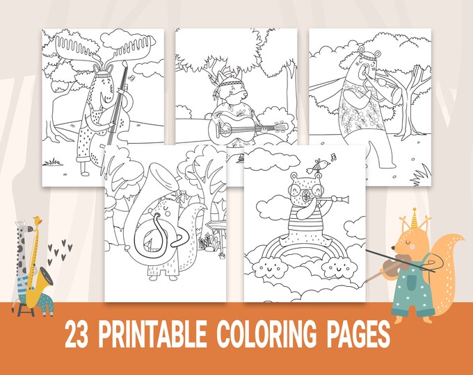 Cute Wild Animals Playing Music Coloring Pages for Kids. Cute Wild ...