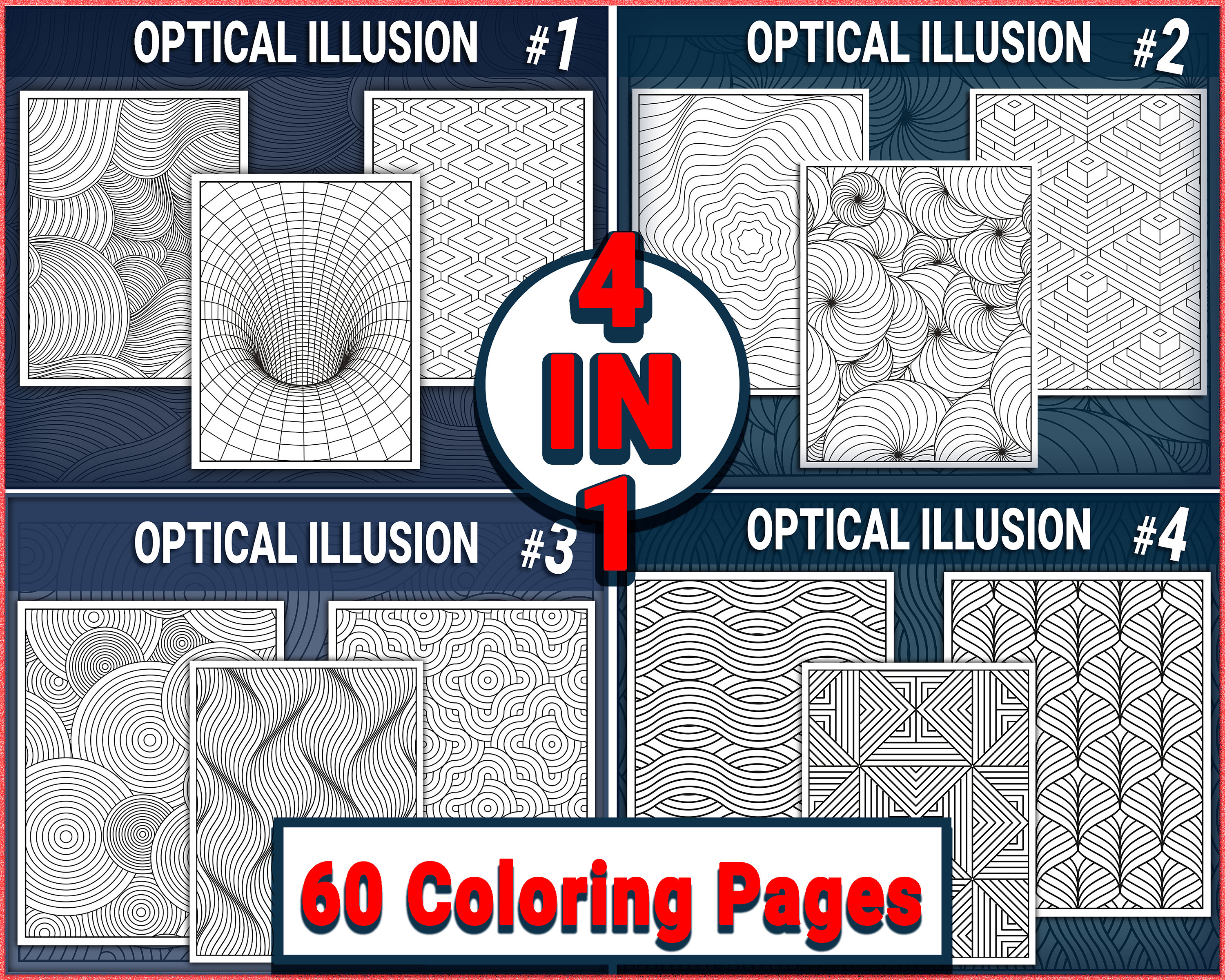 60 Optical Illusion Coloring Pages Vol 1, Vol 2, Vol 3, Vol 4 ...
