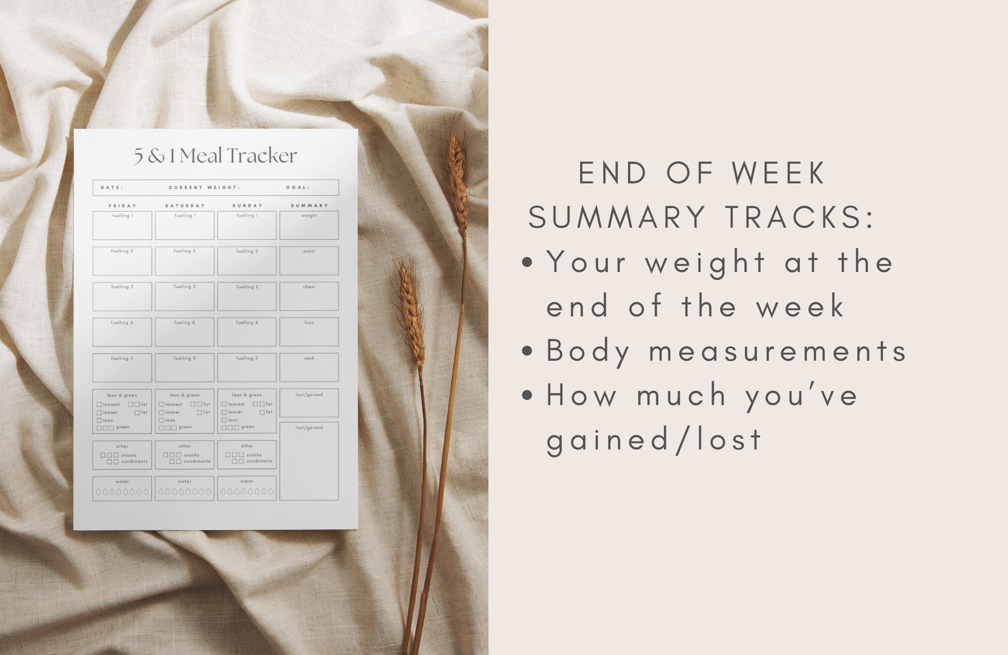 5 & 1 Fueling Tracker, Minimalist Optavia Meal Diary, Lean and Green ...