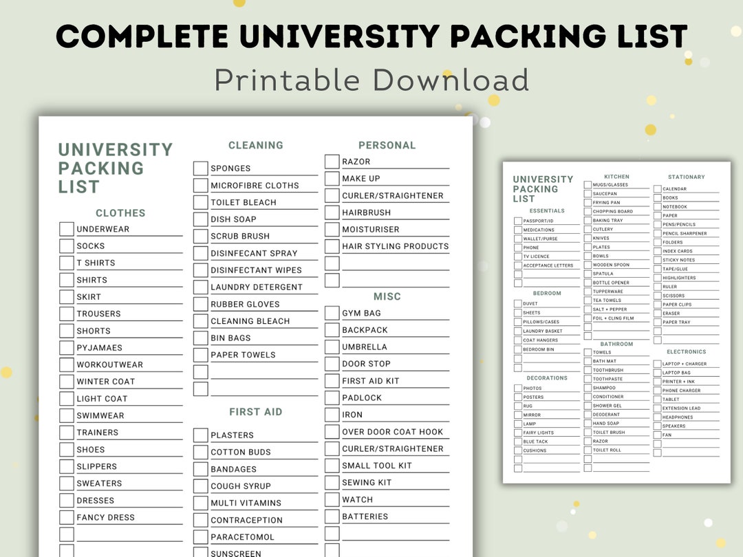 University Packing List Complete Halls Pack Checklist - Etsy