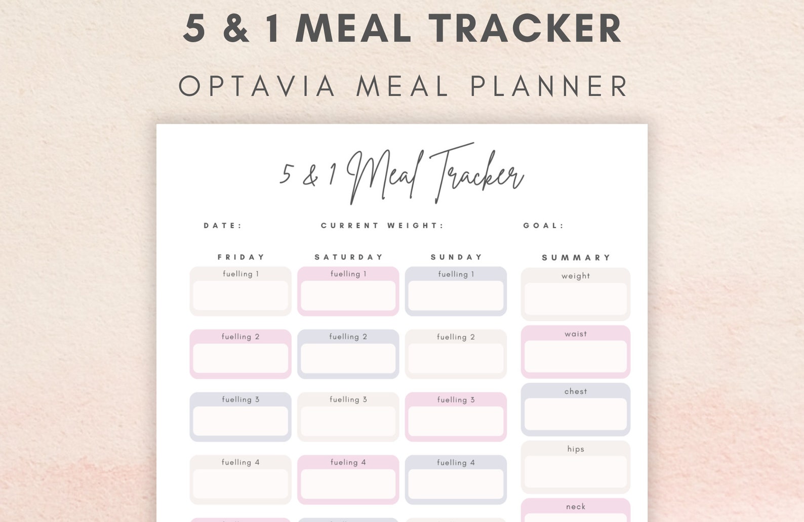 Optavia 5 and 1 Fueling Tracker, Lean and Green Diet Journal, Optimal ...