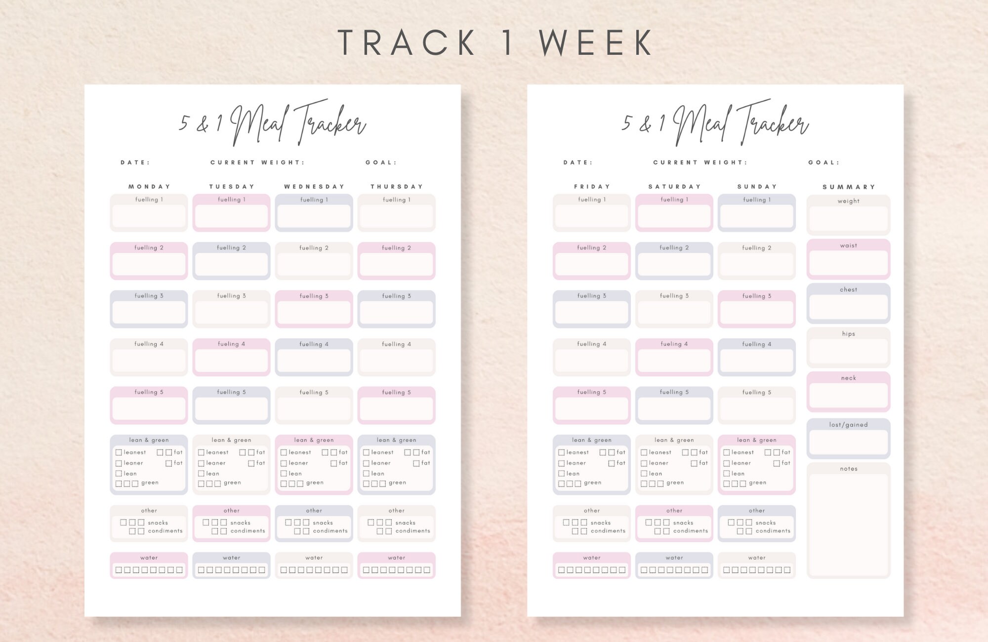 5 & 1 Fueling Tracker, Optavia Meal Diary, Lean and Green Diet Journal ...