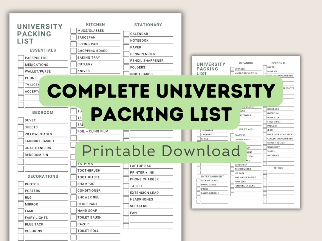 University Packing List, Complete Halls Pack Checklist, Printable A4 ...