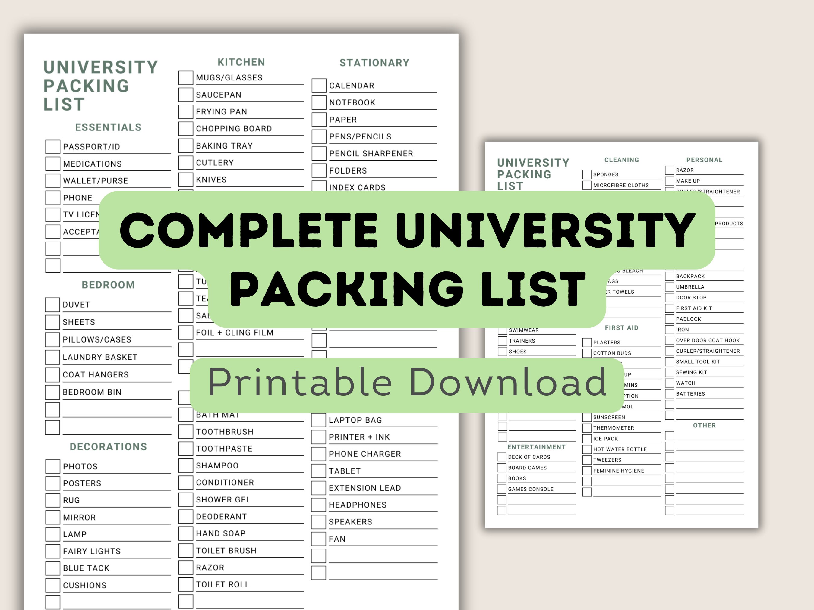 University Packing List, Complete Halls Pack Checklist, Printable A4 ...