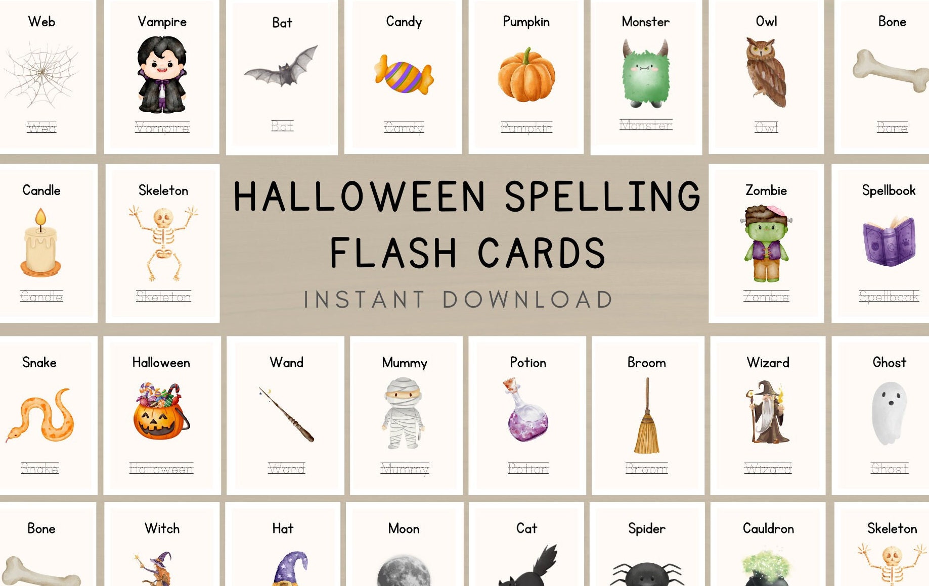 Halloween Printable Flashcards for Kids Halloween Spelling - Etsy