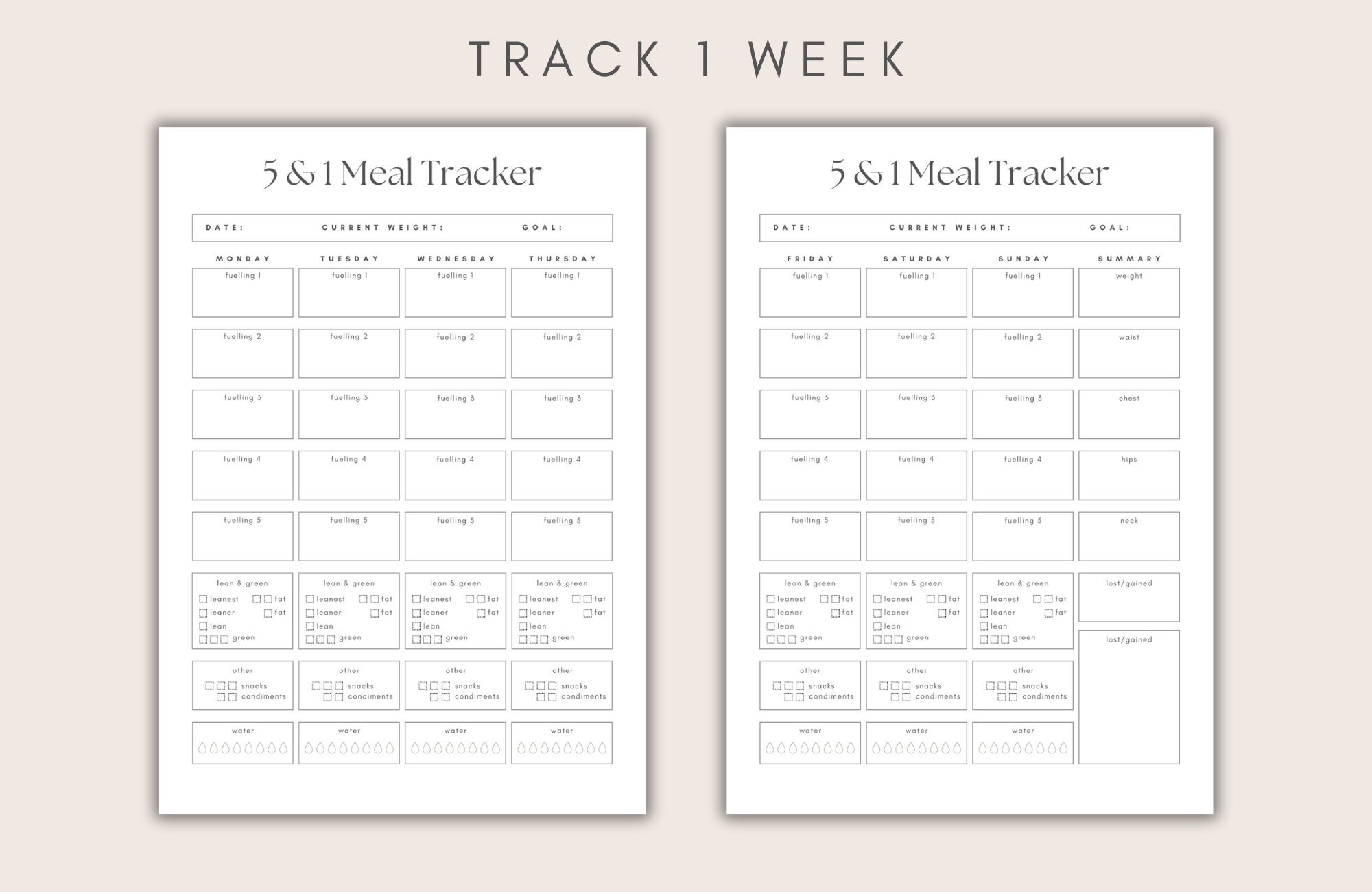 5 & 1 Fueling Tracker, Minimalist Optavia Meal Diary, Lean and Green ...