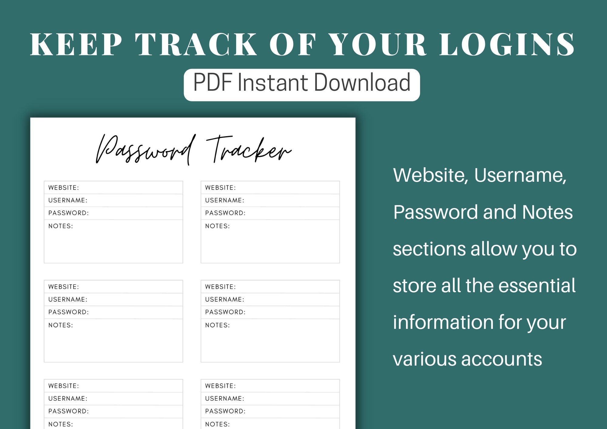 Printable Password Tracker, Login Planner Insert, Credentials Book, Login Tracker, Instant ...