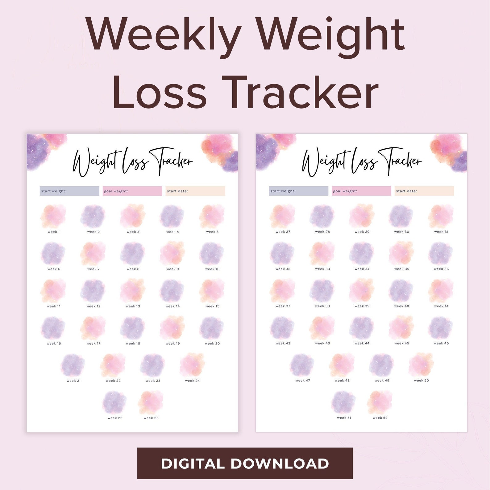Printable Weight Loss Tracker, Weekly Weight Loss Chart, Weekly Weigh ...