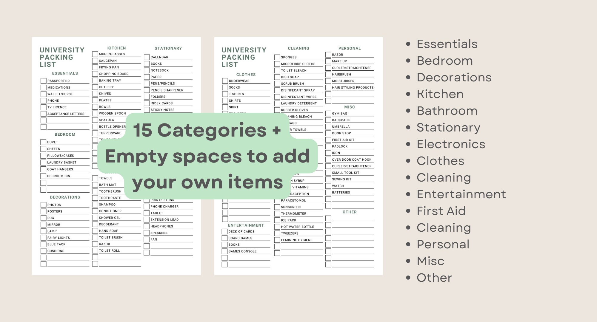 University Packing List, Complete Halls Pack Checklist, Printable A4 ...