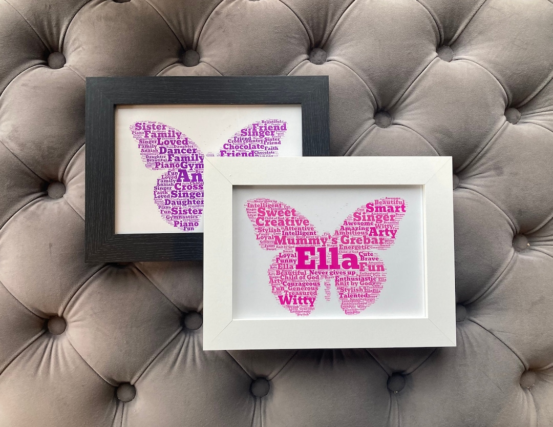 Personalised Butterfly Word Art Bundle, A5 Framed, Gift, Wall Art, Any ...