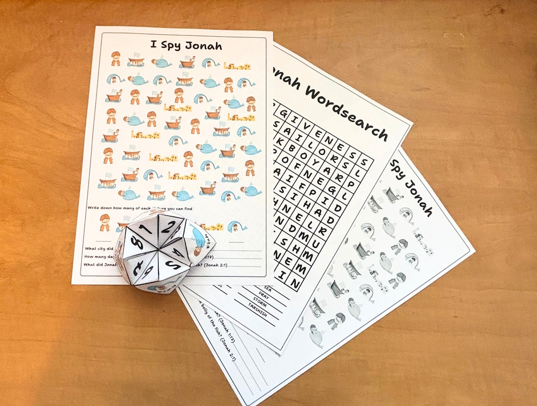 Jonah Bible Story Worksheets: I Spy, Wordsearch, Cootie Catcher ...