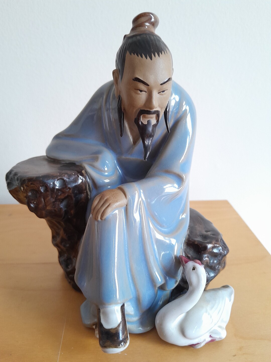 Vintage Shiwan Chinese Mud Man Sitting on a Rock With a Goose Pottery ...