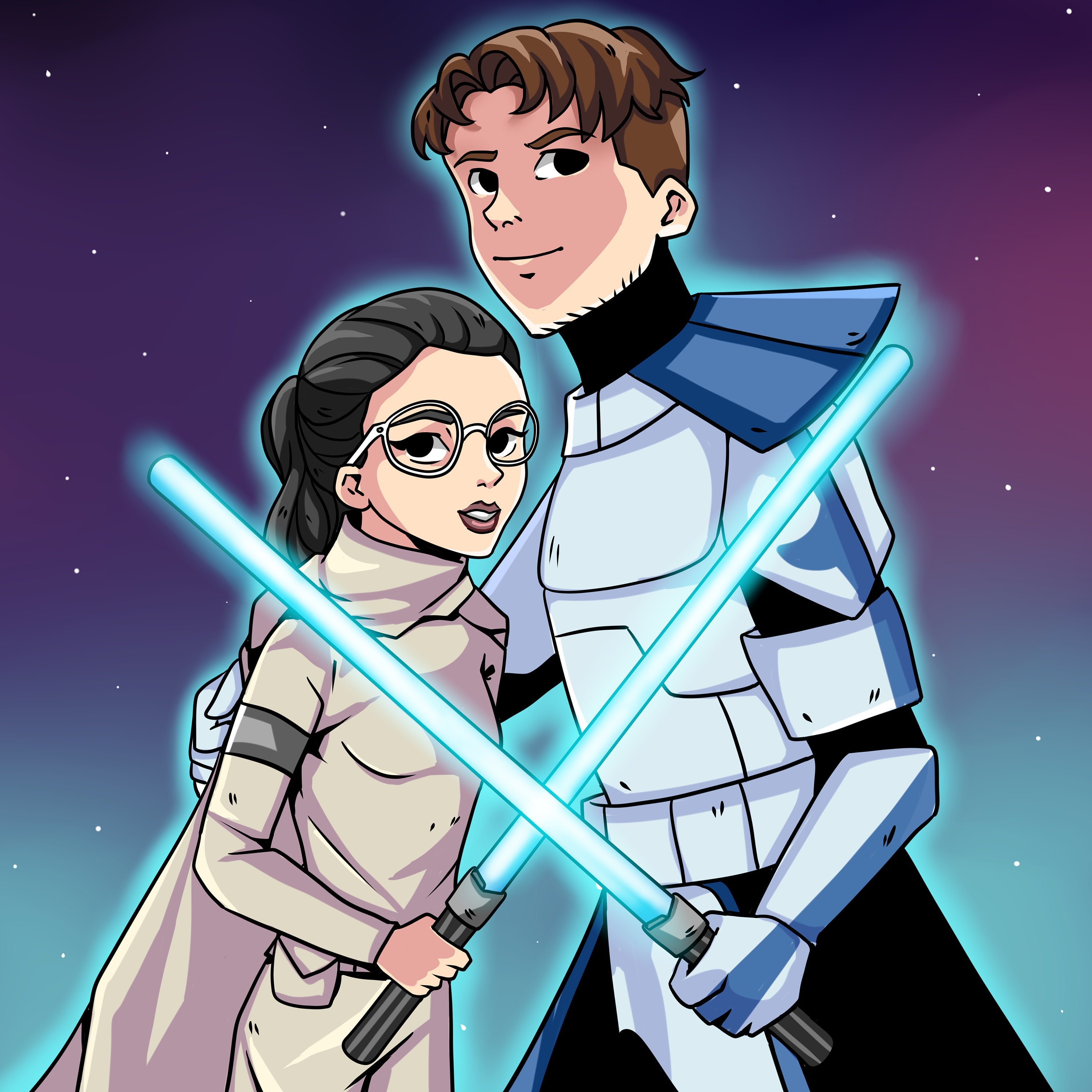 SW Portrait Couple Cartoon Jedi Star Portrait Gift Idea for - Etsy