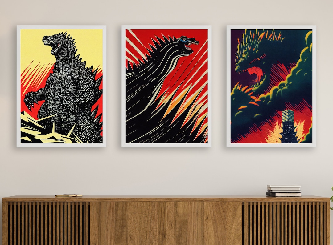 3 Godzilla Inspired Mid Century Modern Abstract Art Prints, Godzilla ...