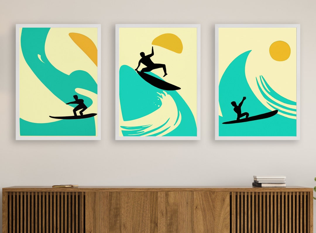 Set of 3 Mid Century Modern Surfing Prints - Coastal Beach Art, Vintage ...