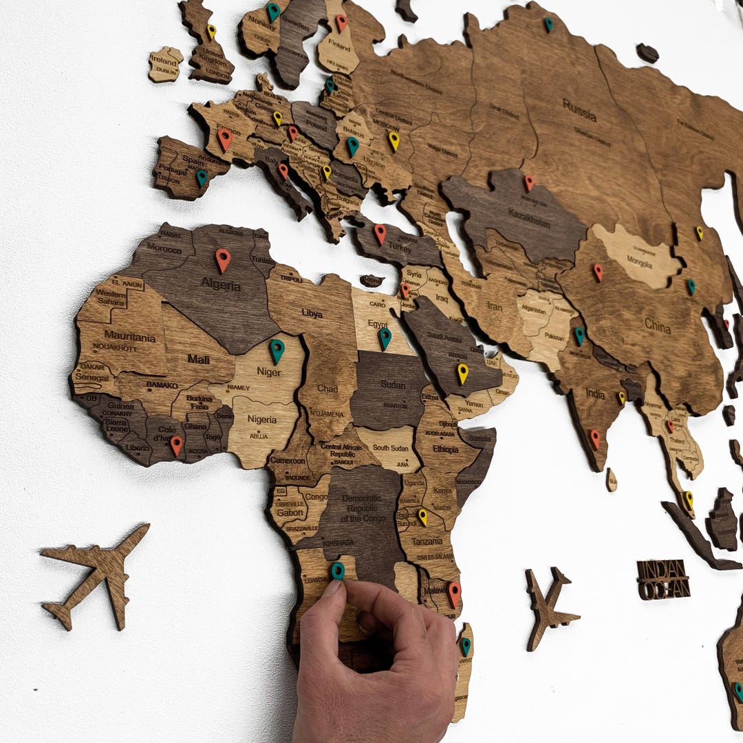 Wooden World Map Wall Art Push Pin World Map Travel Map Housewarming ...