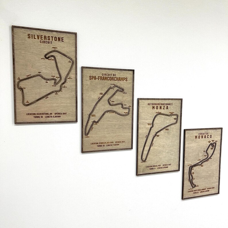Laser Cut Wooden F1 Race Track Map, Monaco Silverstone Monza Spa ...