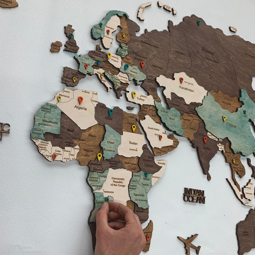 Wooden World Map Wall Art Push Pin World Map Travel Map Housewarming ...