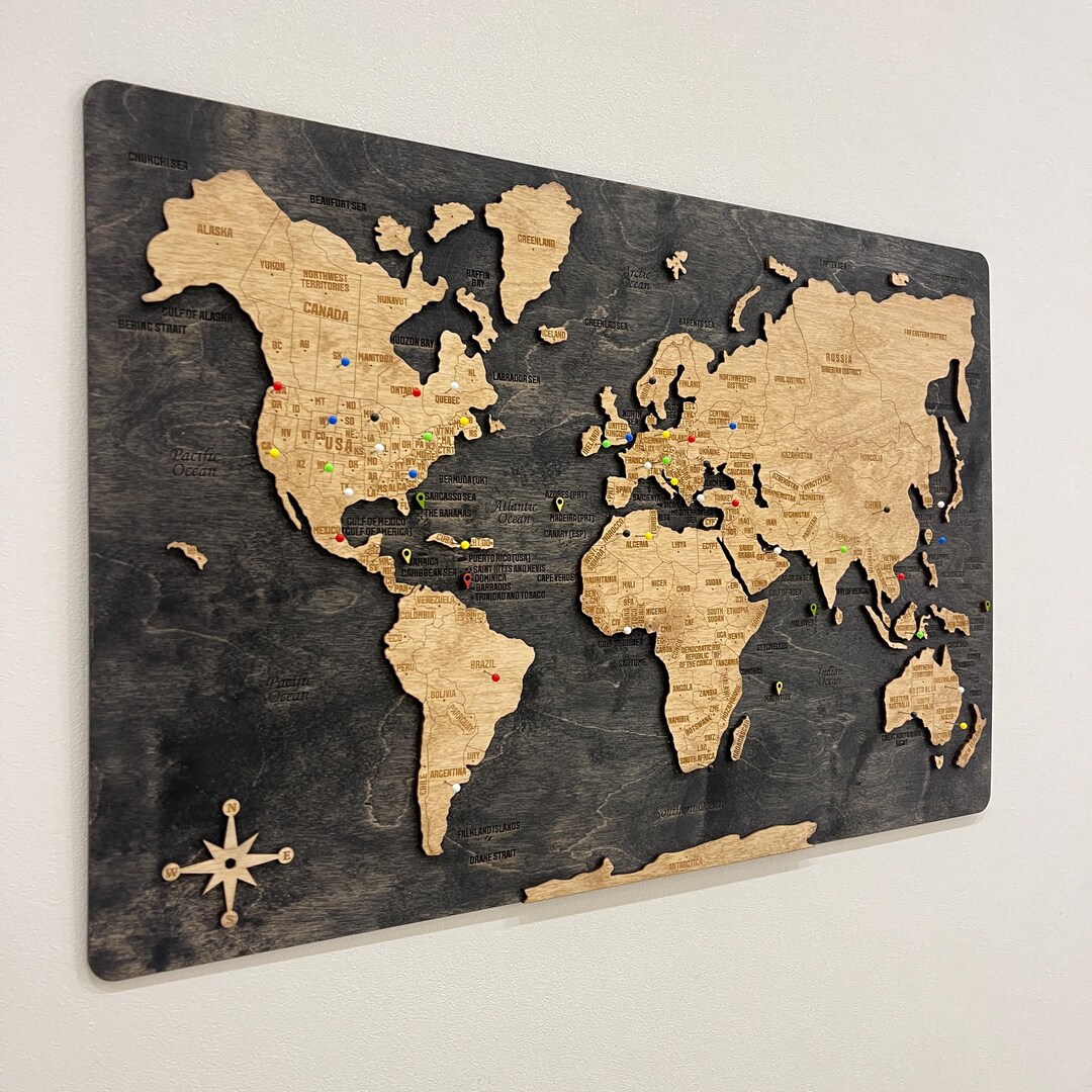Handmade Wooden World Map With Pins, Travel Wall Art - Etsy