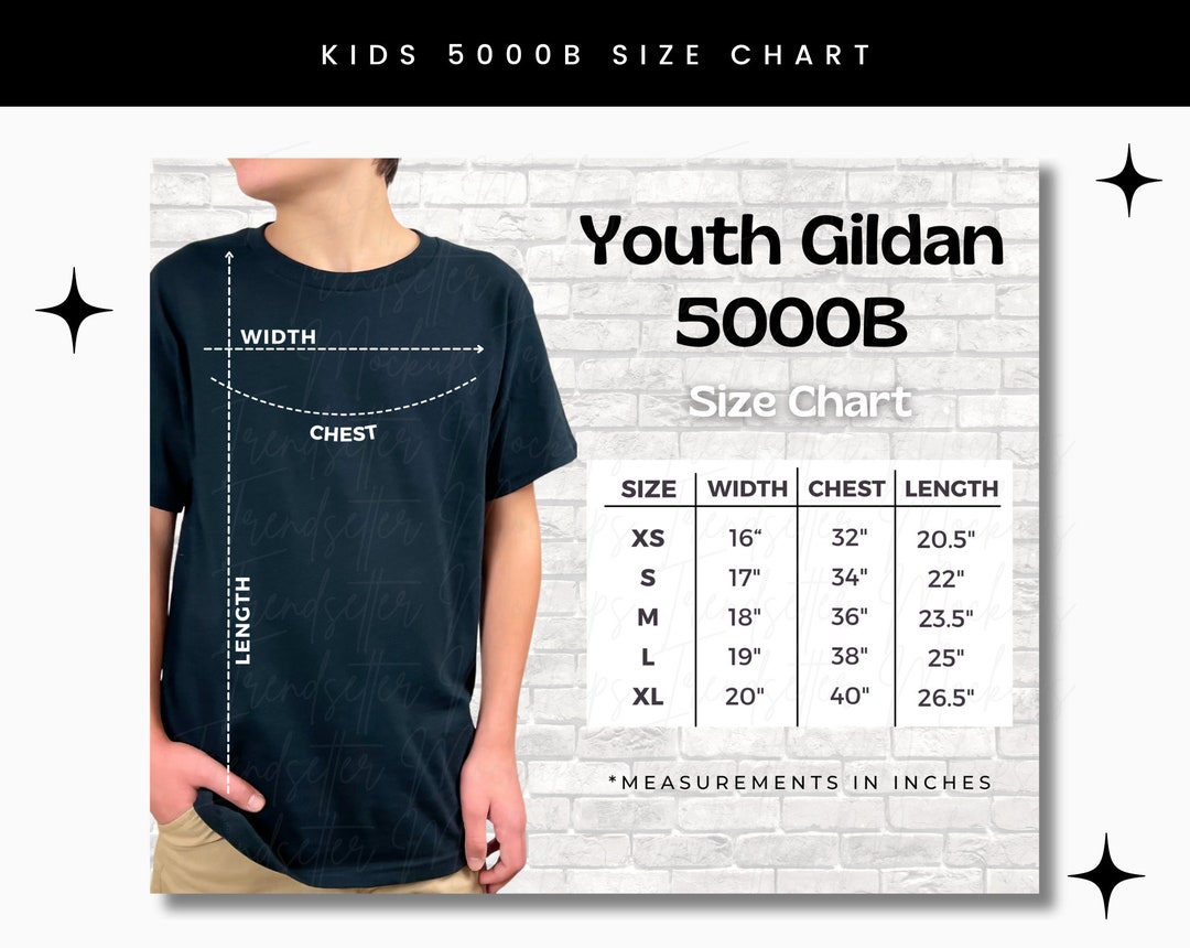 Gildan 5000B Youth Size Chart, Unisex Gildan 5000B Size Chart, Kids Teeshirt Size Guide, Child ...
