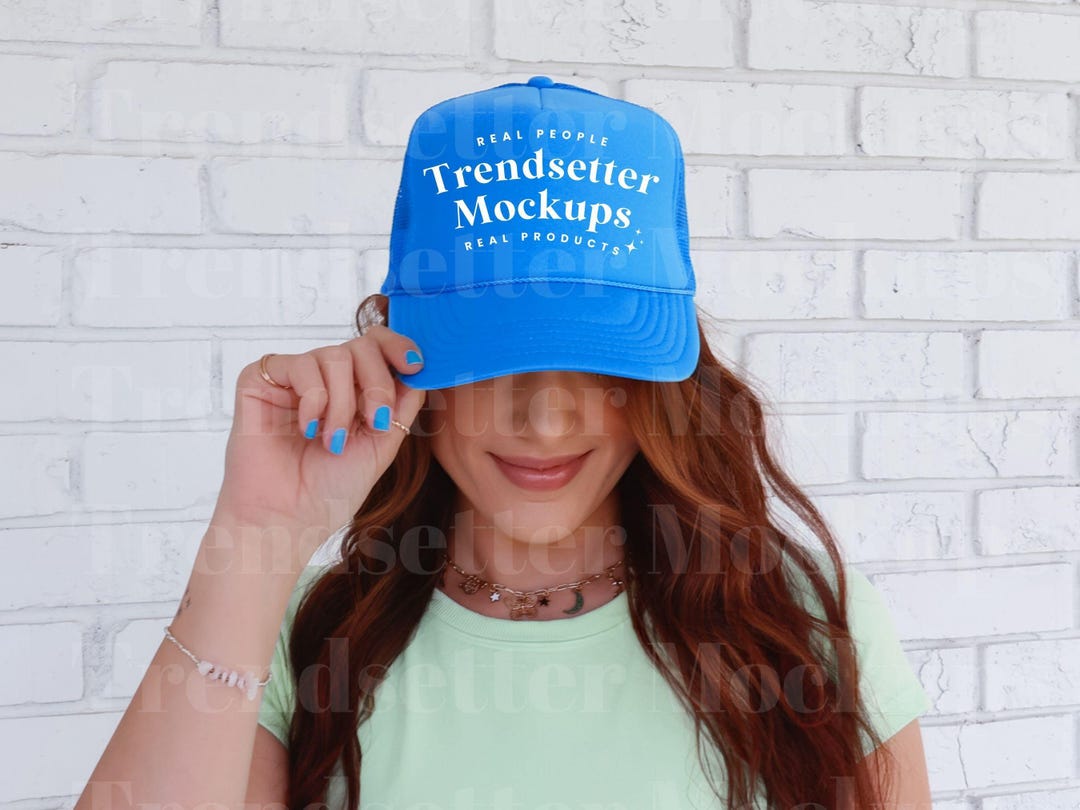 Neon Blue Otto Hat Mockup | Neon Blue Otto Trucker Hat Mockup | Mesh ...