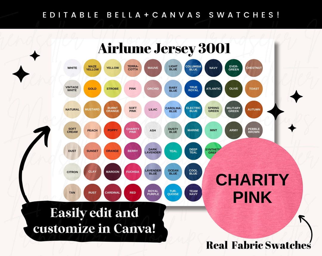 Editable Bella + Canvas Color Chart, Bella Canvas 3001 Fabric Swatches ...