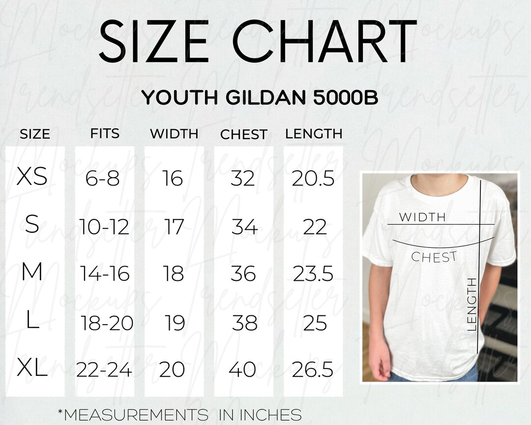 Gildan 5000B Youth Size Chart Unisex Gildan 5000B Size - Etsy
