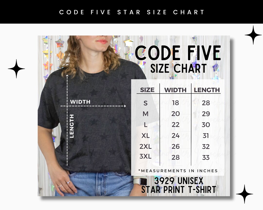 Code Five 3929 Size Chart, Code Five Star Unisex Size Chart, Unisex ...