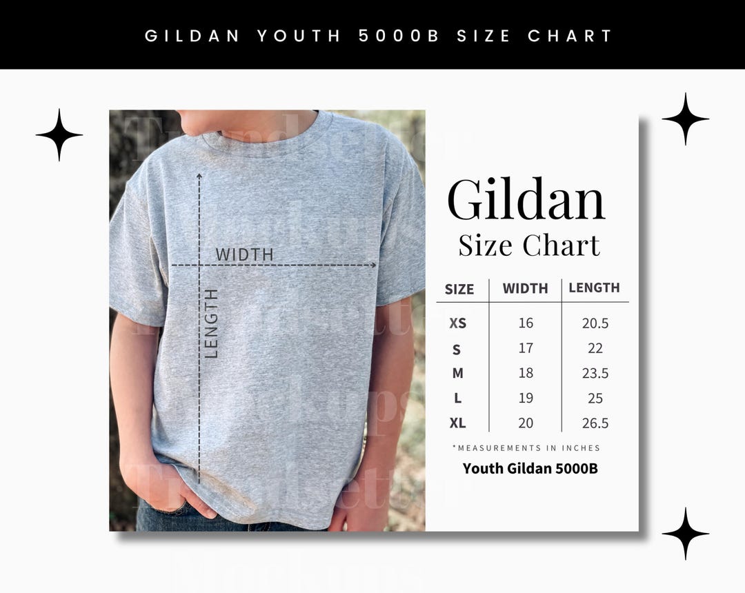 Gildan 5000B Youth Size Chart, Unisex Gildan G5000B Size Chart, Gildan ...