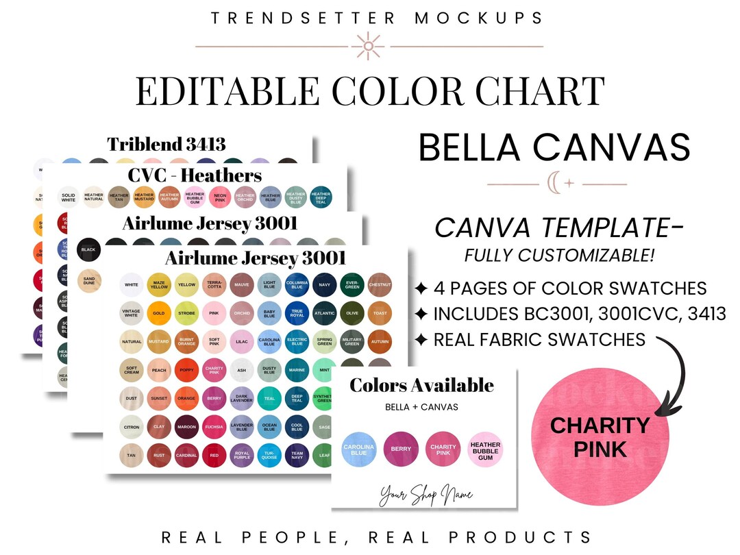 Editable Bella Canvas Color Chart, Bella Canvas 3001 Fabric Swatches ...