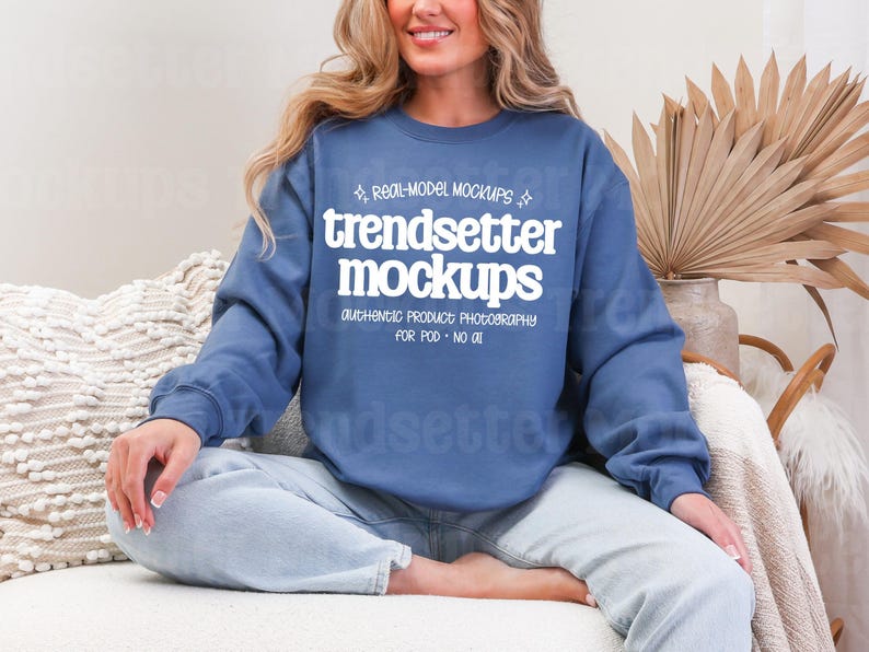 Gildan 18000 Indigo Blue Mockup, G18000 Crewneck Sweatshirt, Real ...