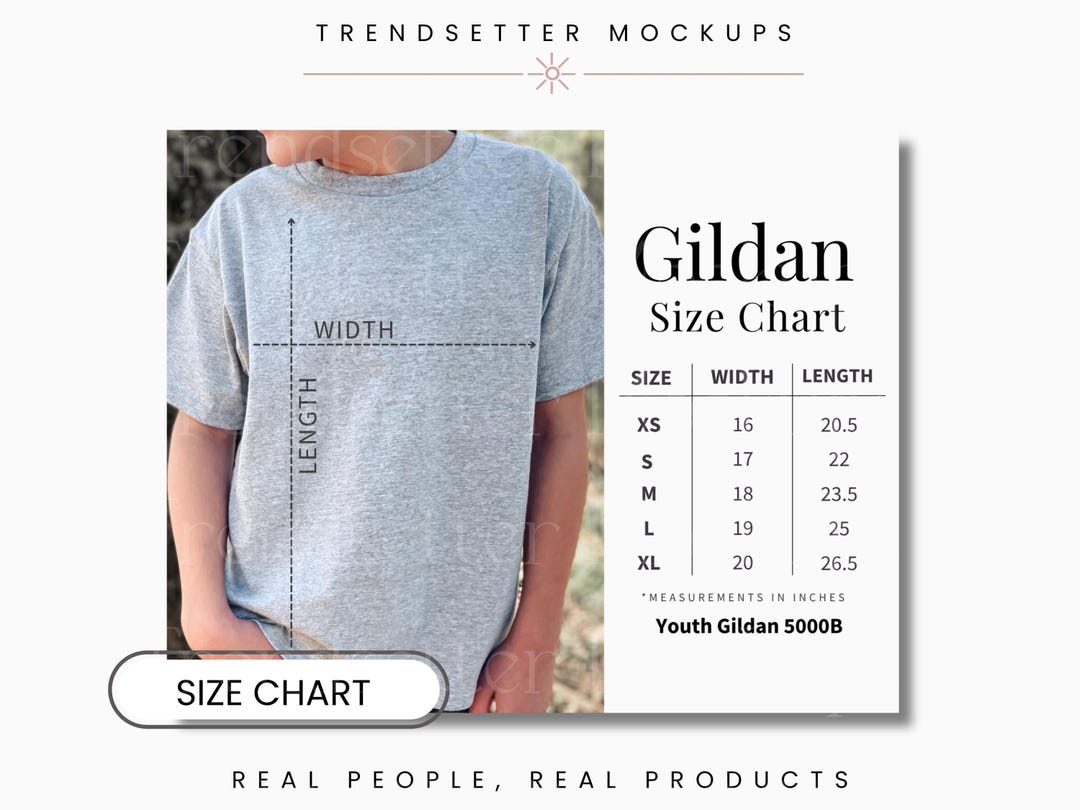 Gildan 5000B Youth Size Chart, Unisex Gildan G5000B Size Chart, Gildan ...