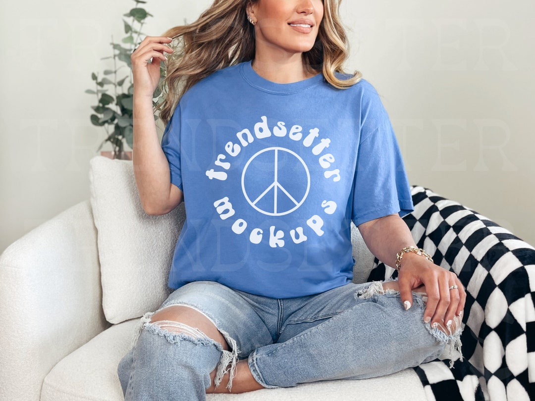 Comfort Colors 1717 Mystic Blue Mockup, C1717 Oversized Tee Horizonal ...