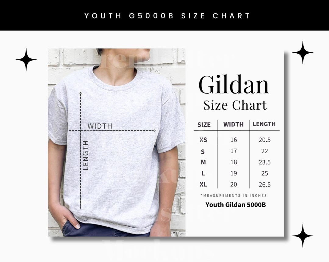 Gildan 5000B Youth Size Chart, Unisex Gildan G5000B Size Chart, Gildan ...