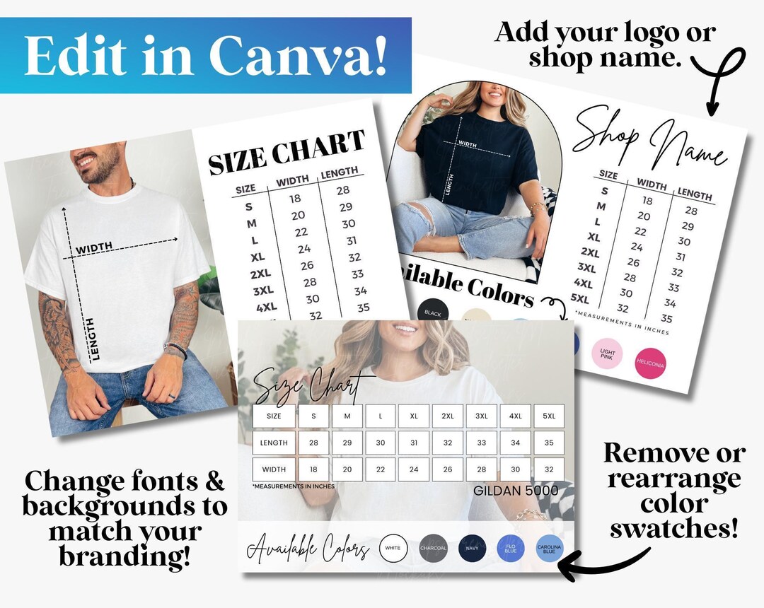 Editable Gildan 5000 Color and Size Chart, G5000 Color Chart, Gildan ...